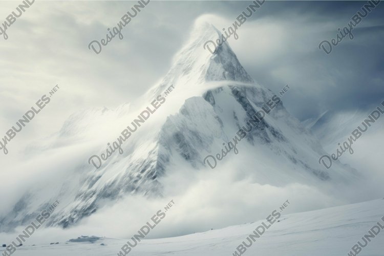 Majestic snow-capped mountain peak in mist