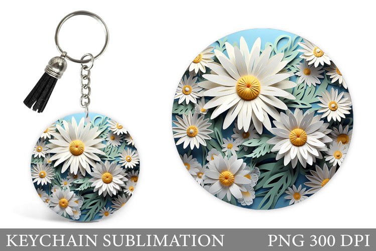 3D Daisy Keychain Design. Paper Flowers Round Keychain