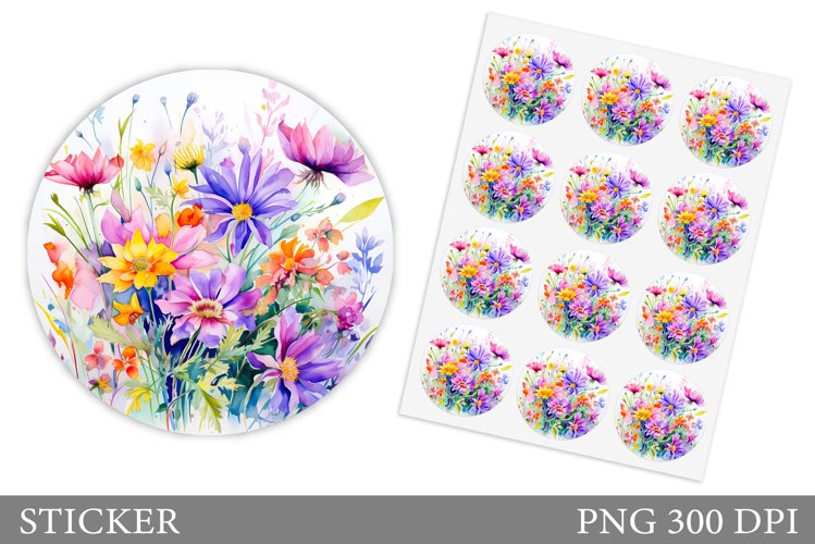 Wildflowers Sticker Design. Flowers Round Sticker (3364869)