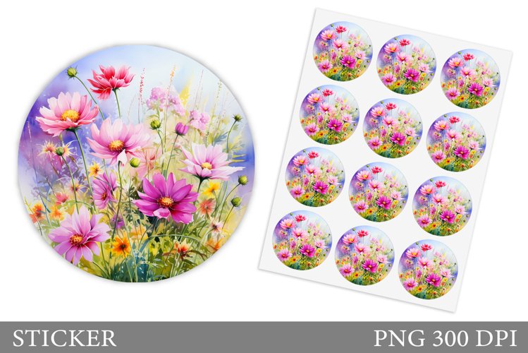 Wildflowers Sticker Template. Flowers Round (3364878)