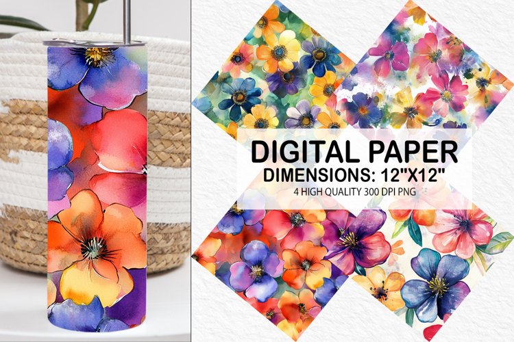 Funky Watercolor Flowers Digital Paper- Flowers Background