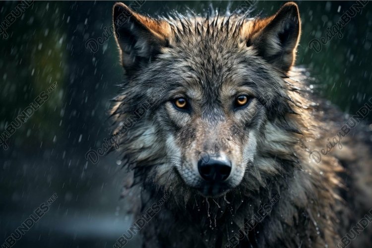 Close-up of a captivating wolf with wet fur in a rain shower