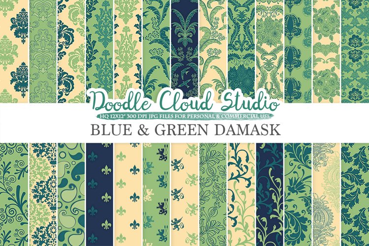 Blue and Green Damask digital paper, Swirls patterns,