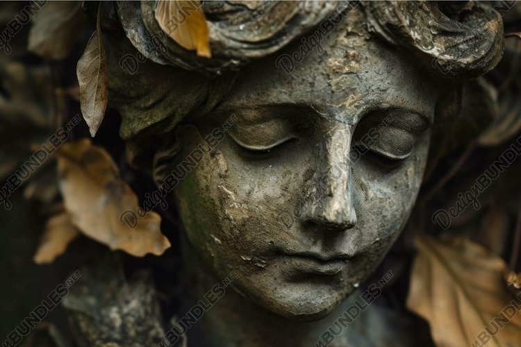 Serene Ancient statue autumn leaves. Generate Ai
