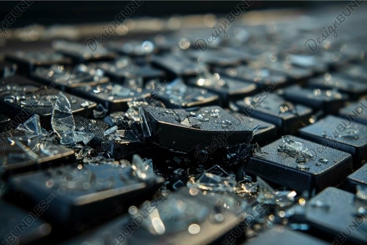 Broken glass covering keys on black computer keyboard