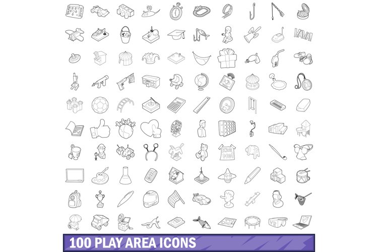 100 play area icons set, outline style