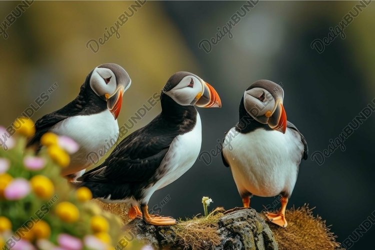 Colorful Atlantic puffins birds. Generate ai