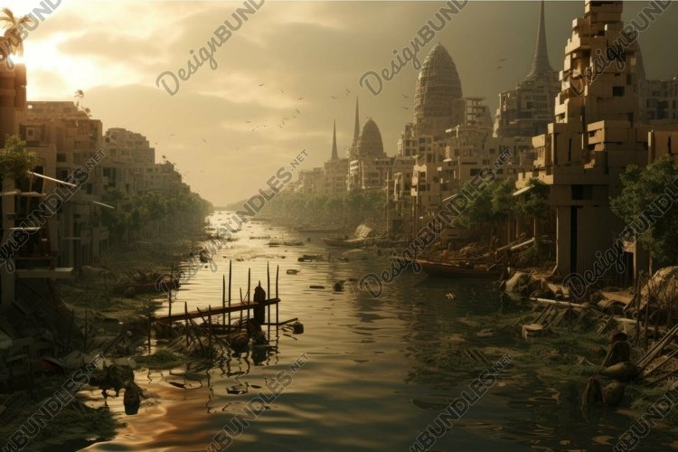 Apocalyptic cityscape with sunlight peering through