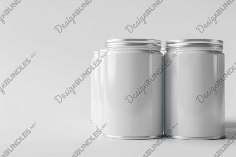 Blank white tin cans on light background