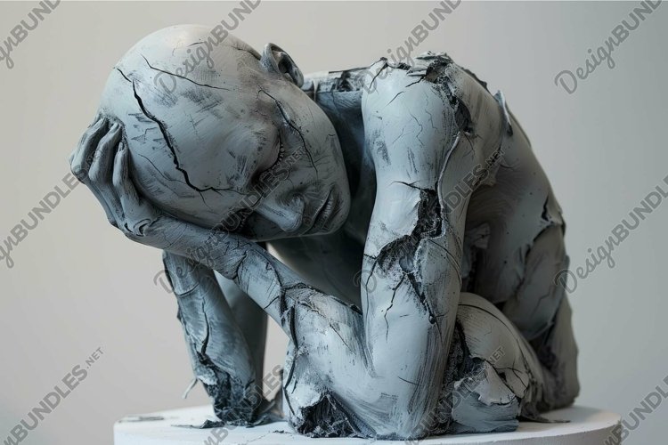 Abstract cracked sculpture of human figure crouched in despa
