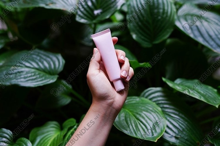 Female hand holding beige tonal cream on dark green nature