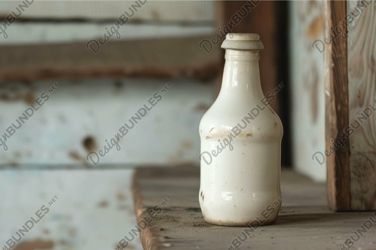 Vintage milk bottle on rustic wooden shelf