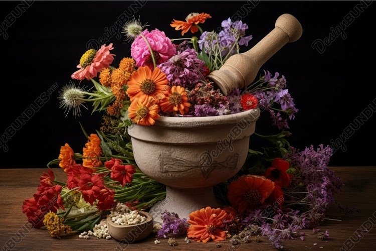 Ancient herbal apothecary concept with mortar and pestle