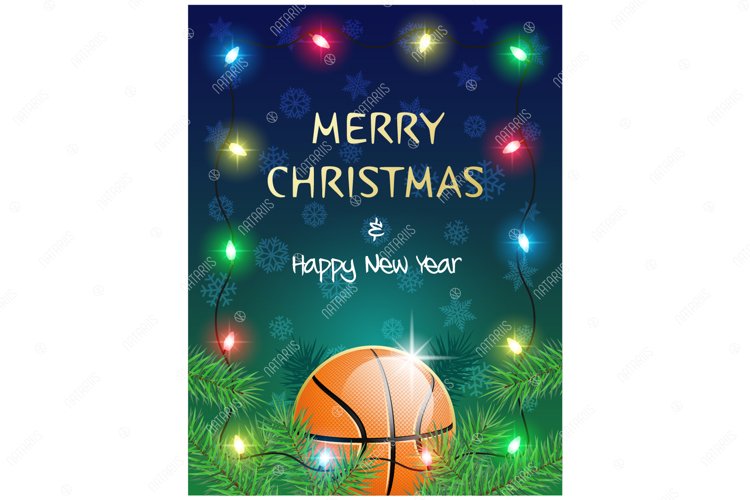 Greeting card with Basketball ball and Christmas Lights.