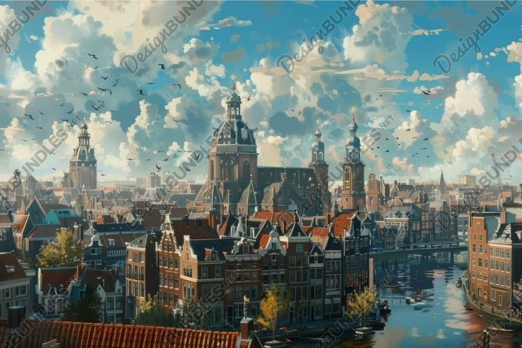 Cityscape with canals and traditional dutch houses under blu