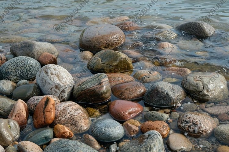Wet multi colored pebbles at the edge of a tranquil lake