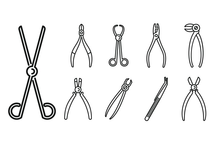 Clinic forceps icons set, outline style
