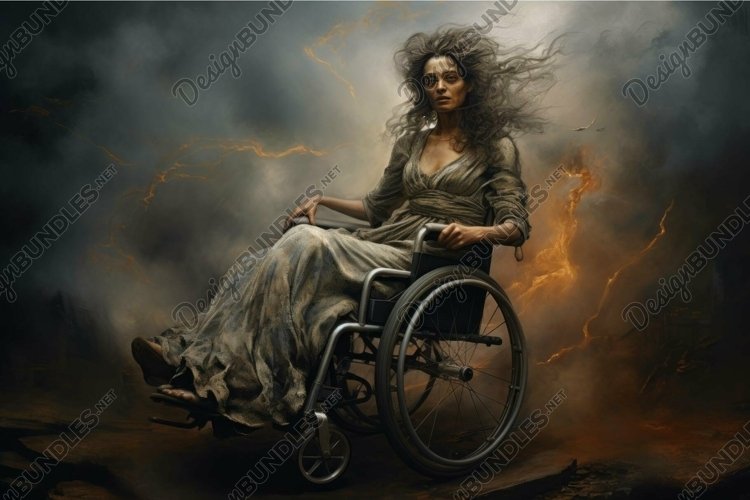 Mystic woman in wheelchair amidst stormy apocalypse