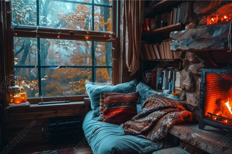 Cozy winter reading nook by the fireplace