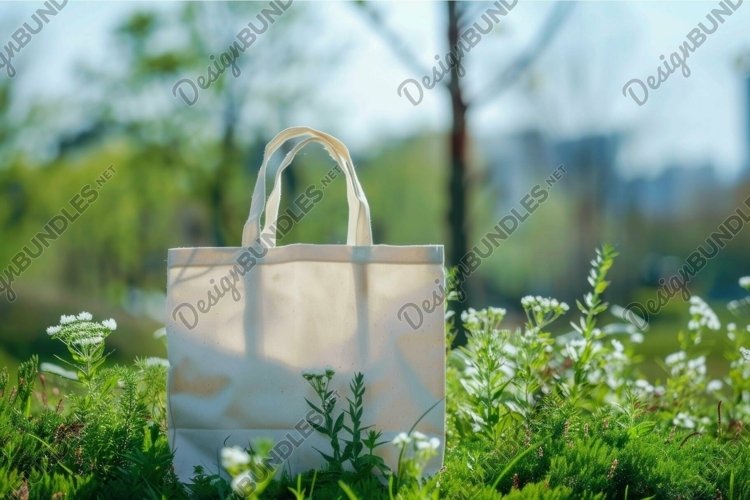 White reusable canvas shopping bag standing amongst lush gre