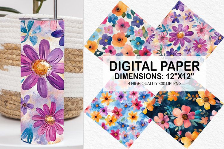 Funky Watercolor Flowers Digital Paper- Flowers Background