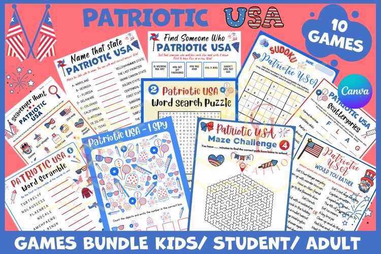 4th of july USA independent Printable game Activities BUNDLE