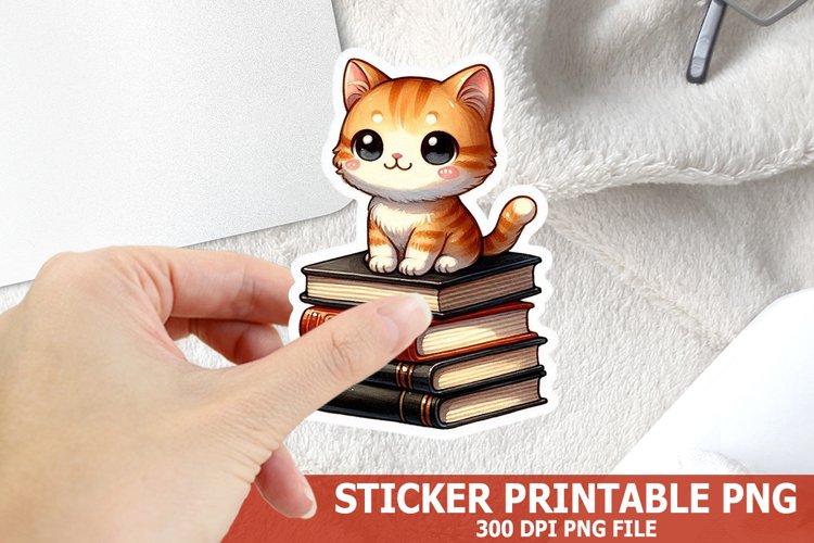 Cute Cat on A Stack of Books Sticker