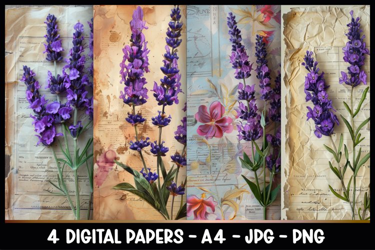 4 Vintage Lavender Digital Papers I Junk Journal Page