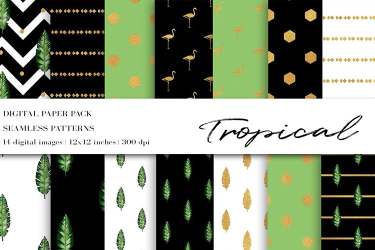 Tropical Digital Papers, Tropical Gold Seamless Patterns