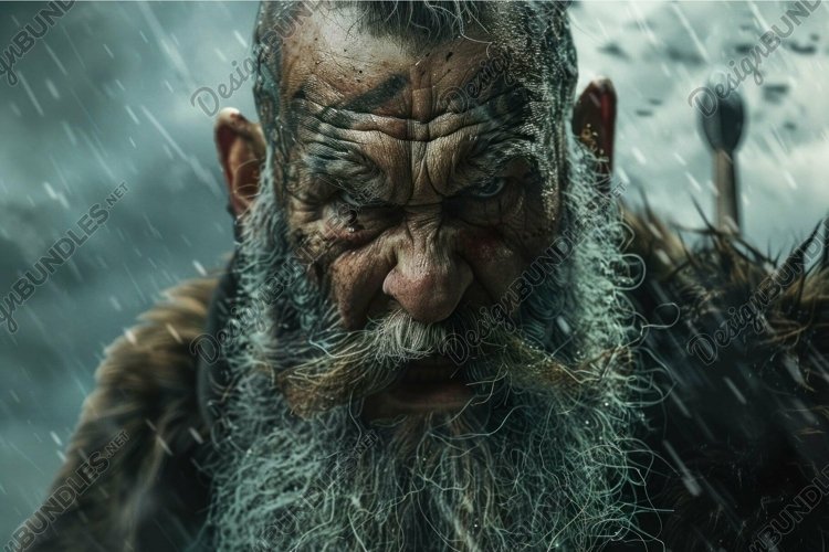 Closeup of a gritty warrior's face with tribal markings unde