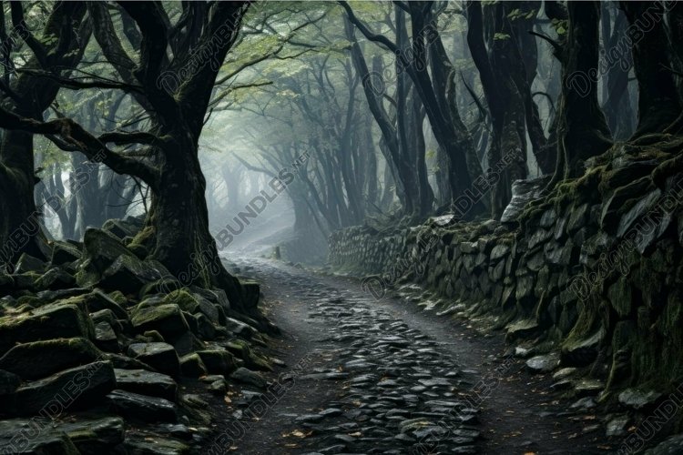 Mysterious Stone road forest. Generate Ai Mysterious Stone road forest. Generate Ai
