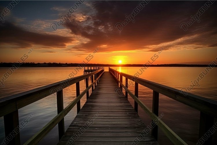 Sunset over wooden pier by the lake
