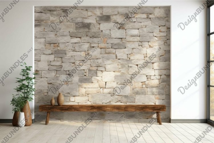 Modern minimalistic living room interior with stone wall