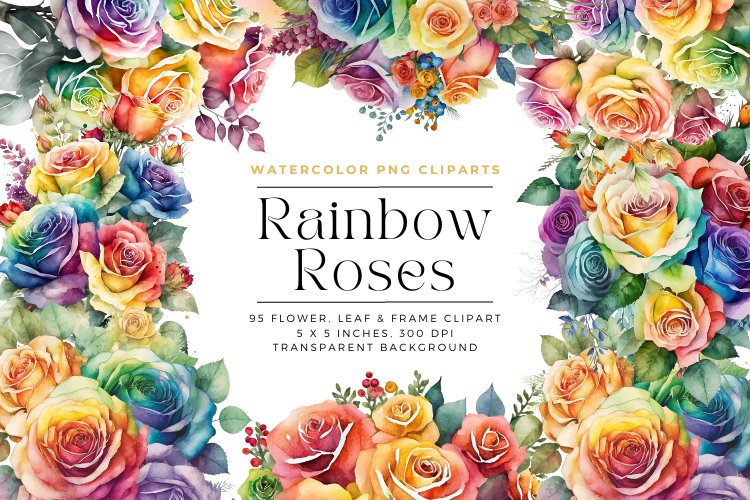 95 Rainbow Roses Flowers Watercolor Clipart