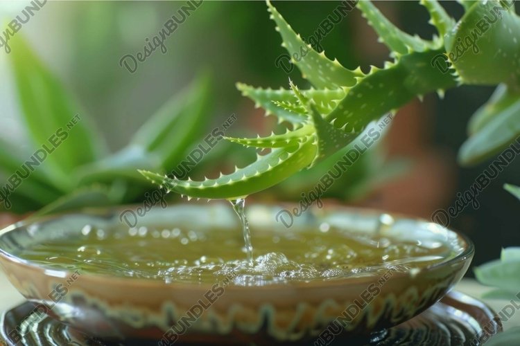 Fresh aloe vera leaf dripping sap into bowl for natural medi