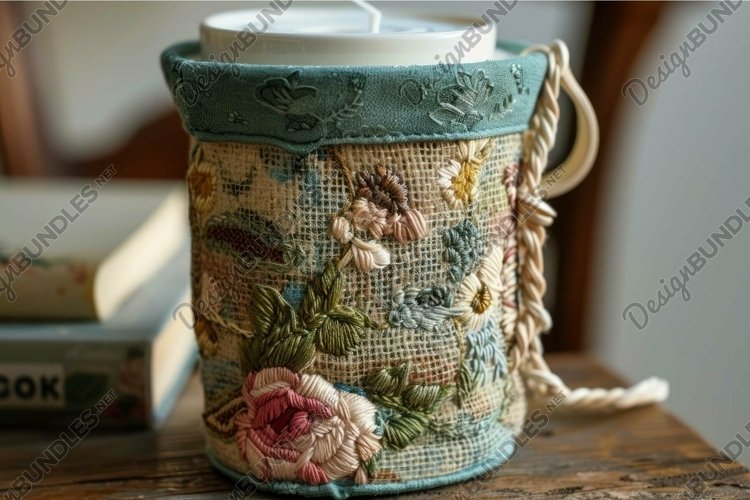 Embroidered mug cozy sitting on desk with books in backgroun