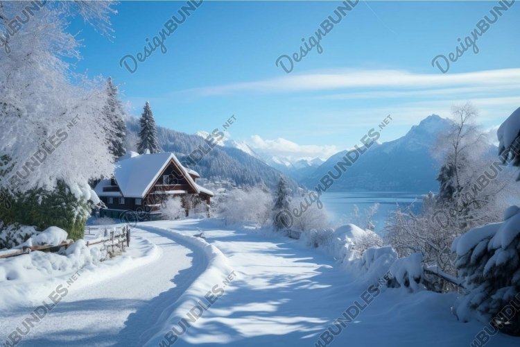 Idyllic winter landscape with snowy chalet