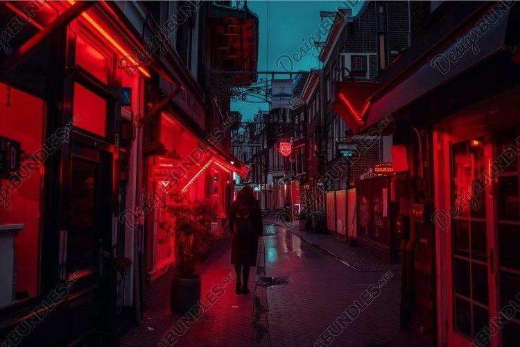 Person walking on red light district street at night