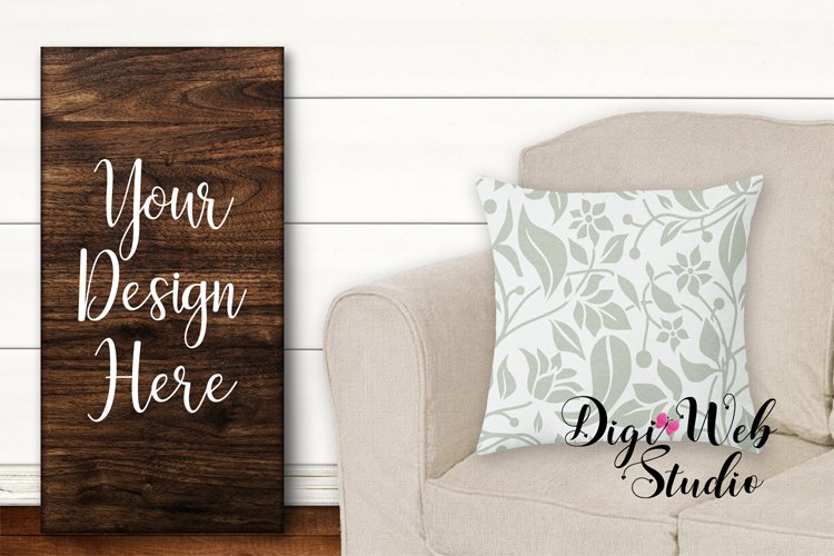 Wood Sign Mockup - Rectangle Wood Sign With Couch and Pillow
