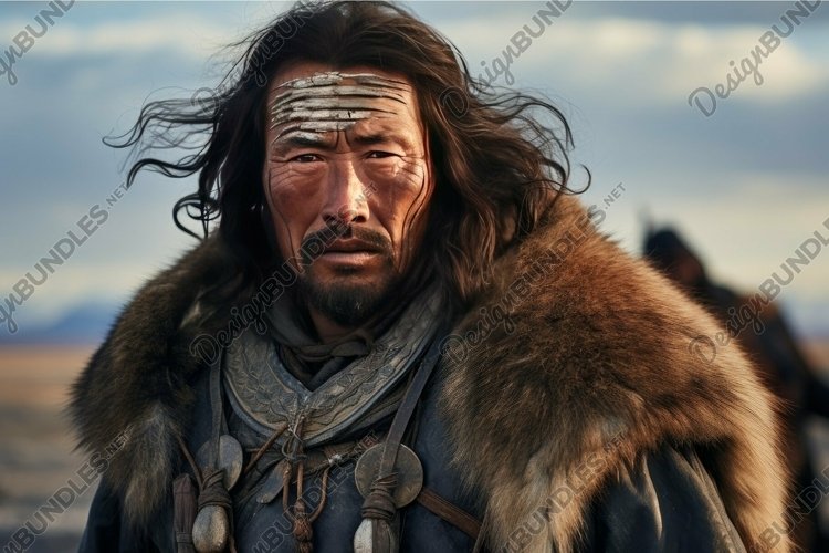 Intense warrior portrait against vast landscape