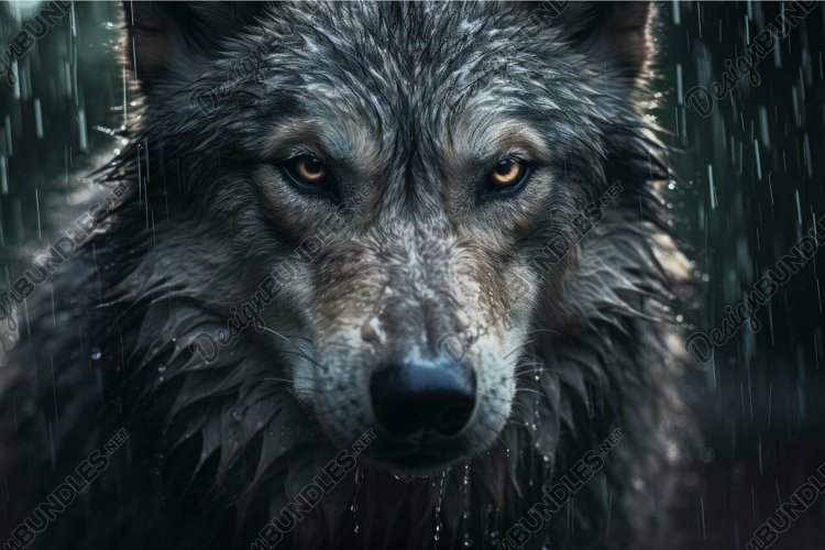 Intense wolf gaze amidst rainfall