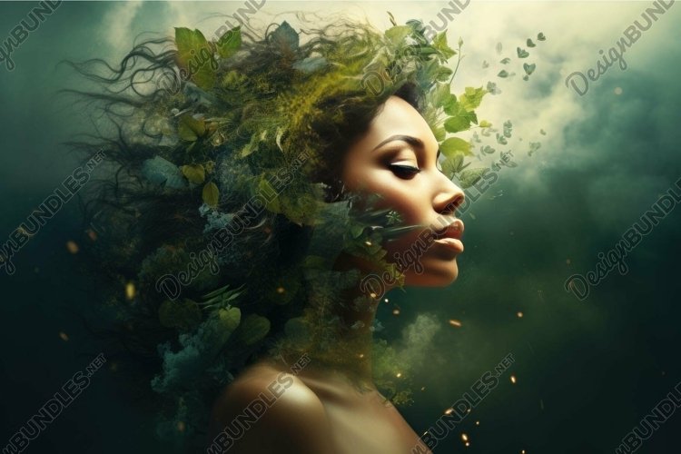 Artistic portrayal of a mythical nymph with leaves in her fl