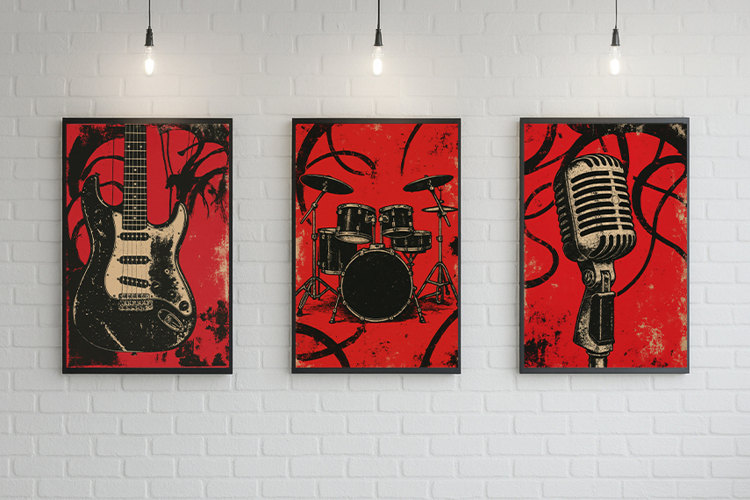 Grunge Rock Music Wall Art Set, Guitar, Drums, Mic