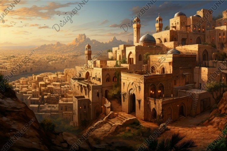 Enchanting desert city at sunset