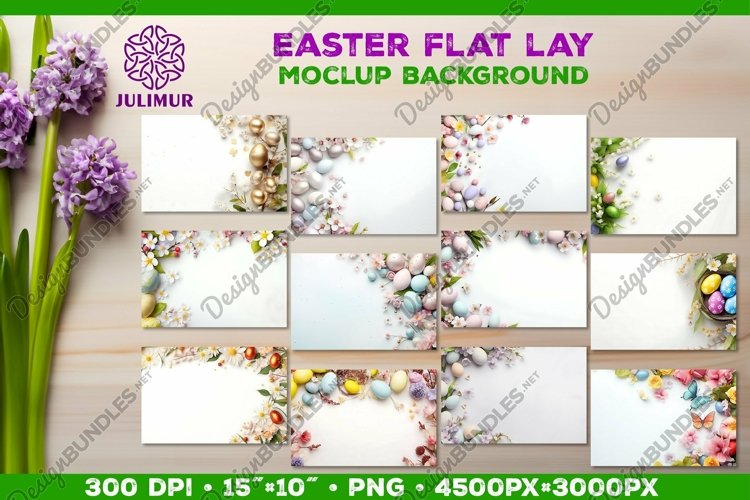 Easter flat lay mockup set with colorful eggs and flowers