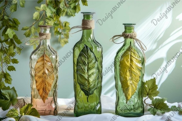 Artistic leaf-embossed glass bottles on display