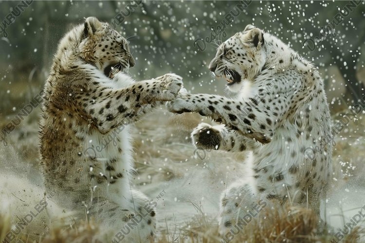 Two snow leopards fighting in the snow