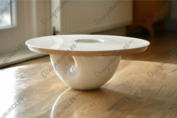 Modern white ceramic fruit bowl sitting on wooden surface