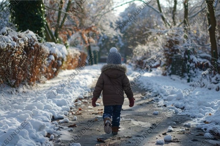 Child walking on a snowy path in a park during winter