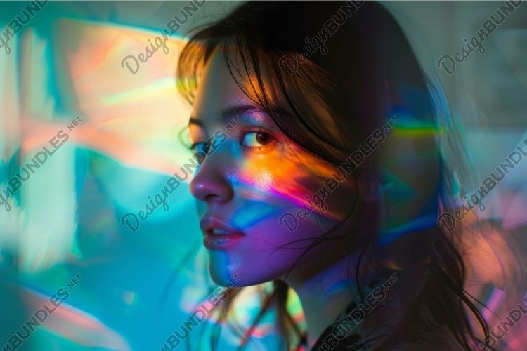 Colorful light spectrum on woman's face